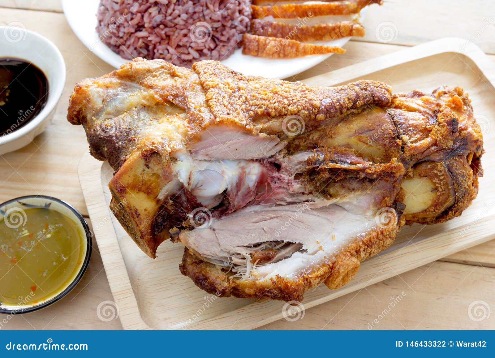 Closeup Fried Pork Leg Cooked with Cooked Jasmine Rice Stock Photo ...