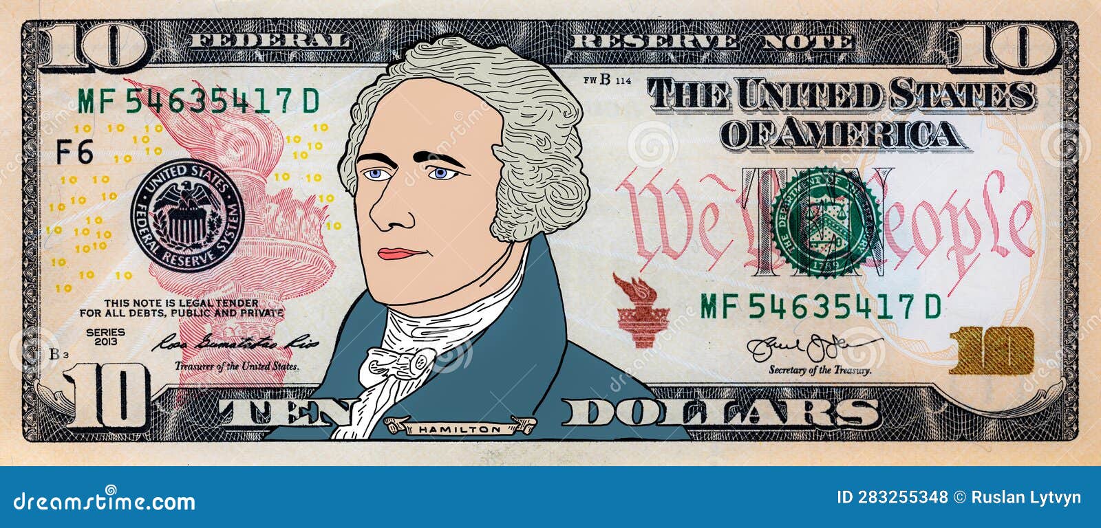 Closeup of Front Side of Colorized 10 Dollar Banknote Stock Photo ...