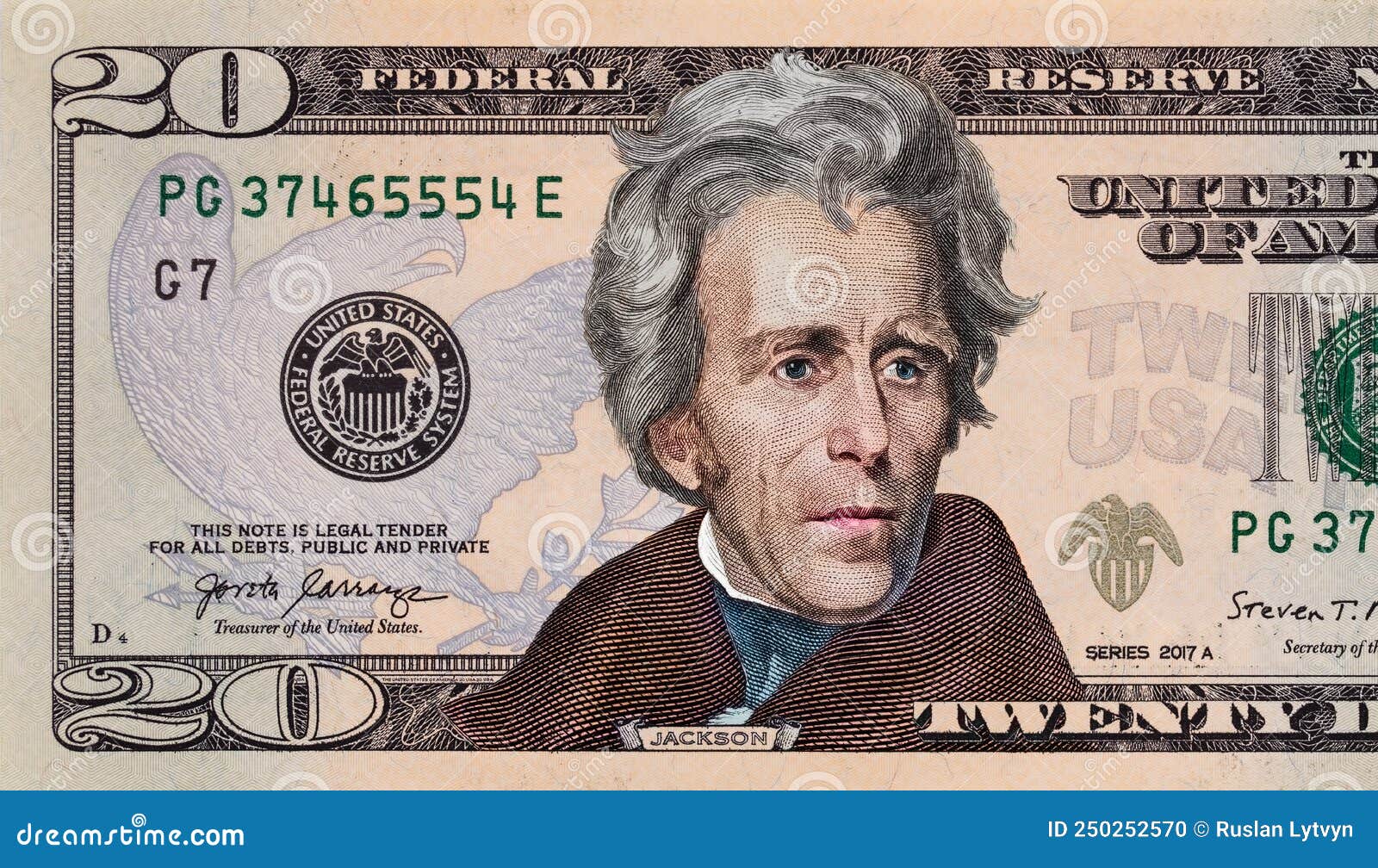 Closeup of Front Side of Colorized 20 Dollar Banknote Stock Photo ...