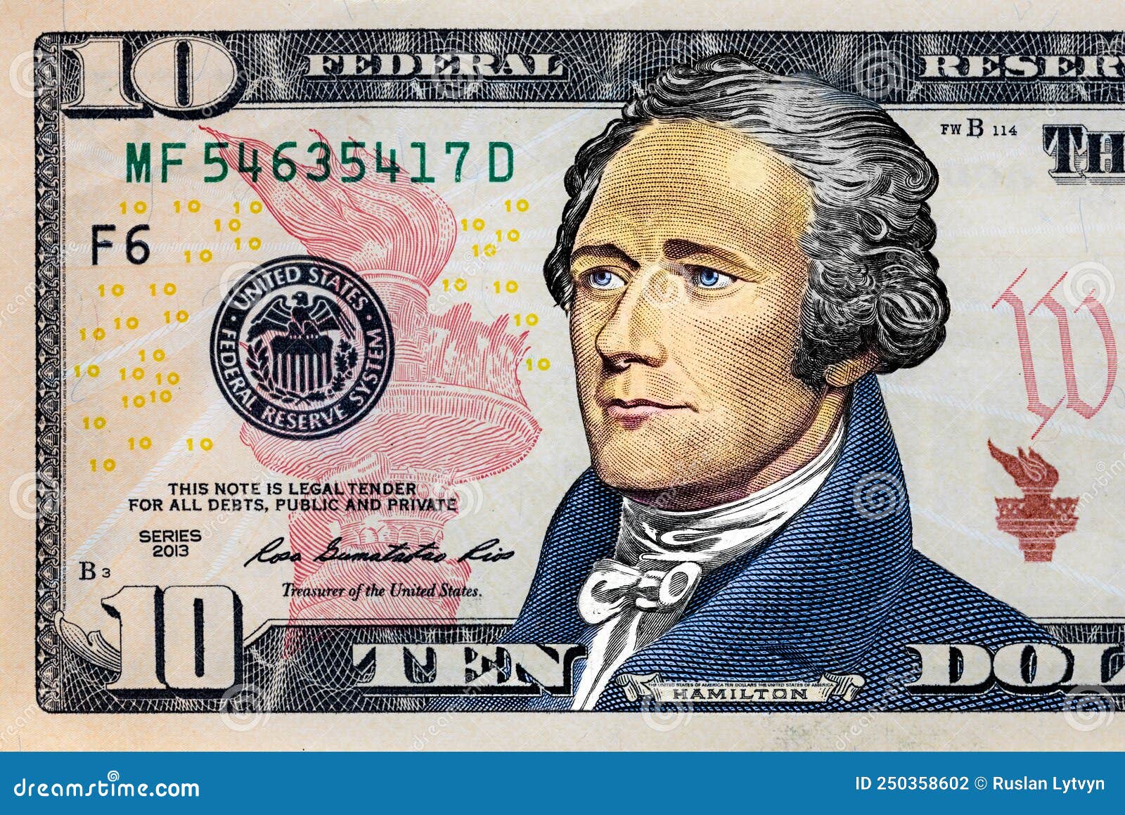 Closeup of Front Side of Colorized 10 Dollar Banknote Stock Photo ...