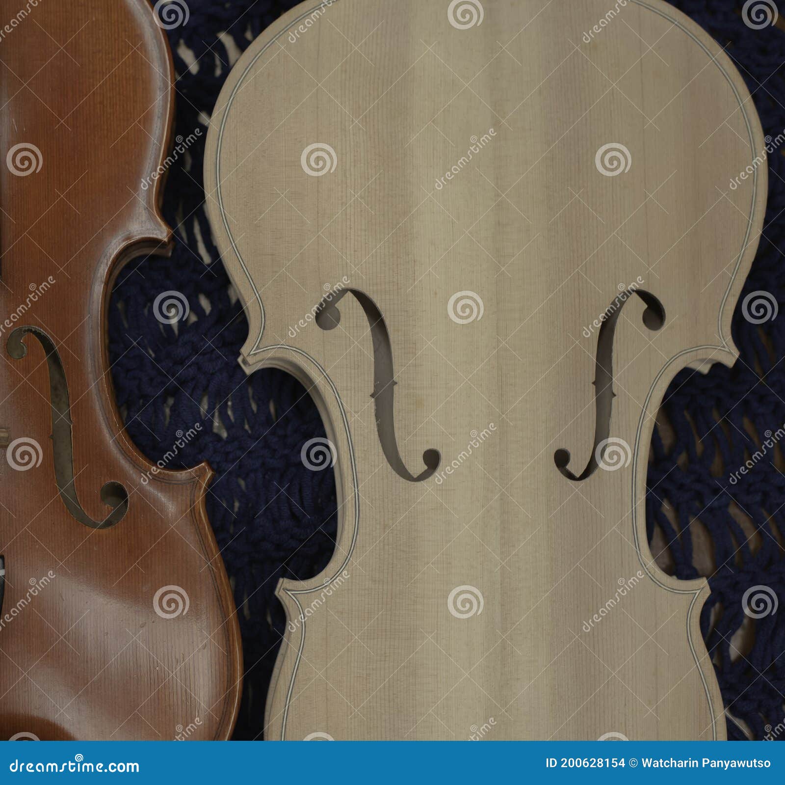 Closeup Front Side of Raw Violin Put beside Half of Completed Violin ...