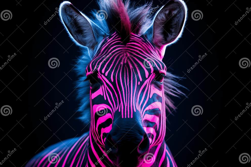 Closeup Front View of a Zebra in Pink Neon Lighting on Solid Black ...