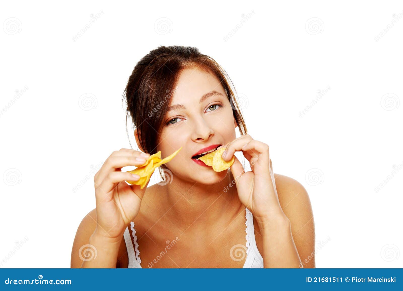 Closeup on Girl Eating Chips. Stock Image - Image of human, home: 21681511