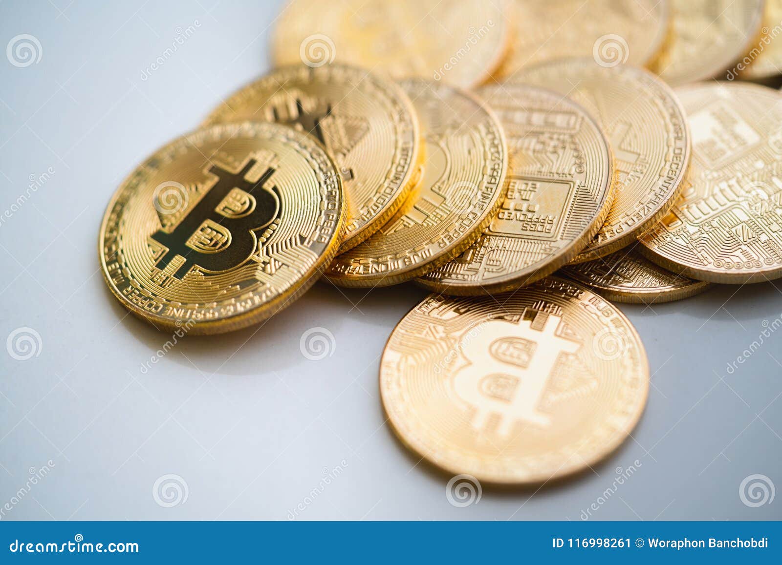 Closeup gold bitcoins stock image. Image of metal, golden - 116998261