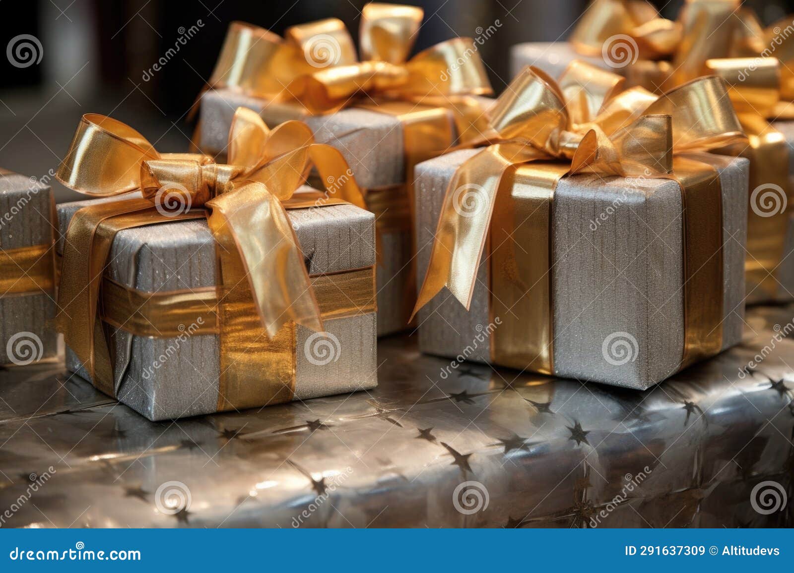 Closeup of Gold and Silver-wrapped Boxes with Ribbons and Bows Stock ...