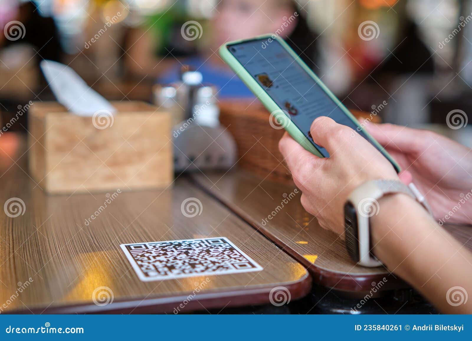 Closeup of Guest Hand Ordering Meal in Restaurant while Scanning Qr ...