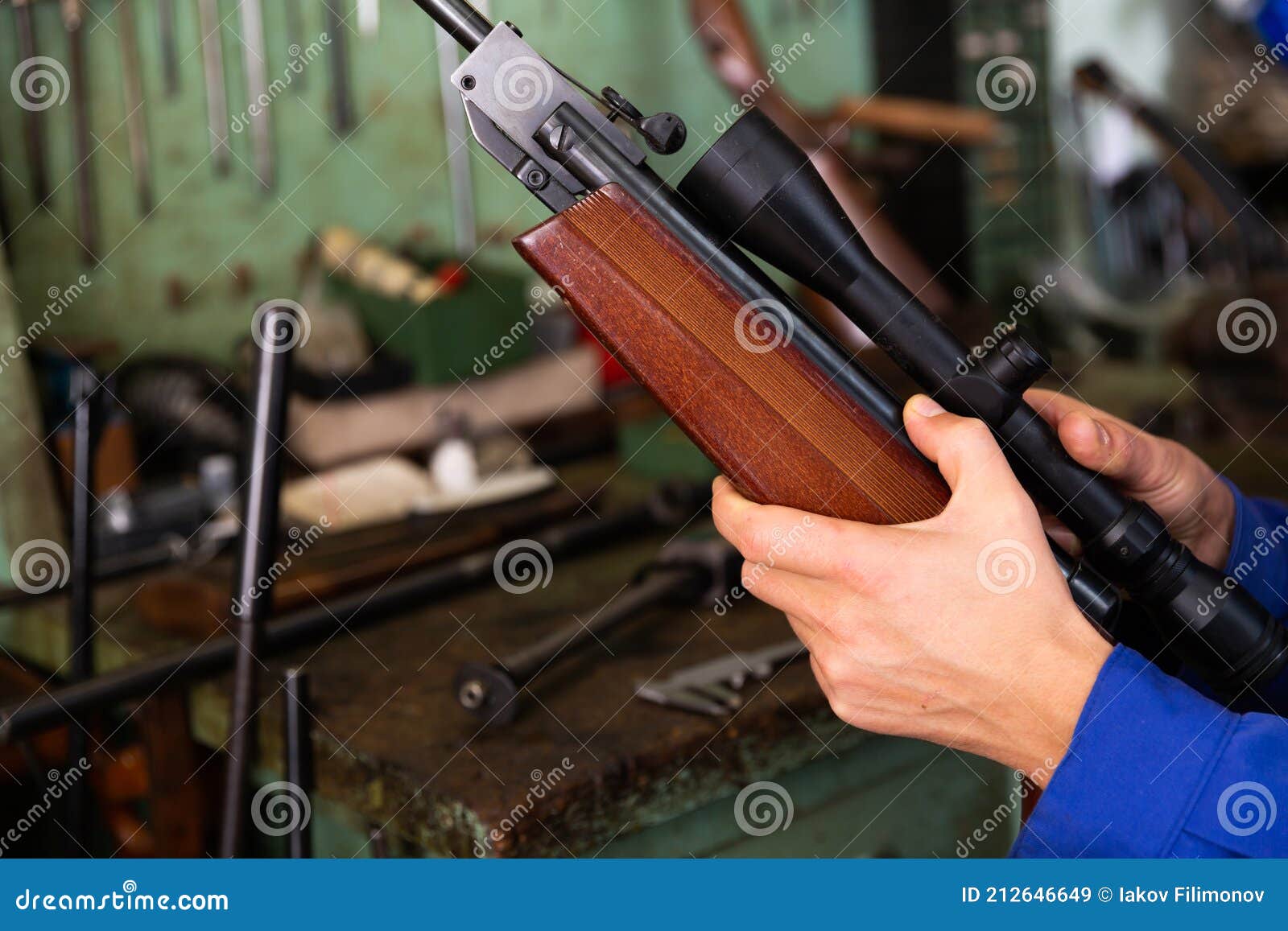 Gunsmith Hands Installing Optical Sight on Single-barreled Rifle Stock ...