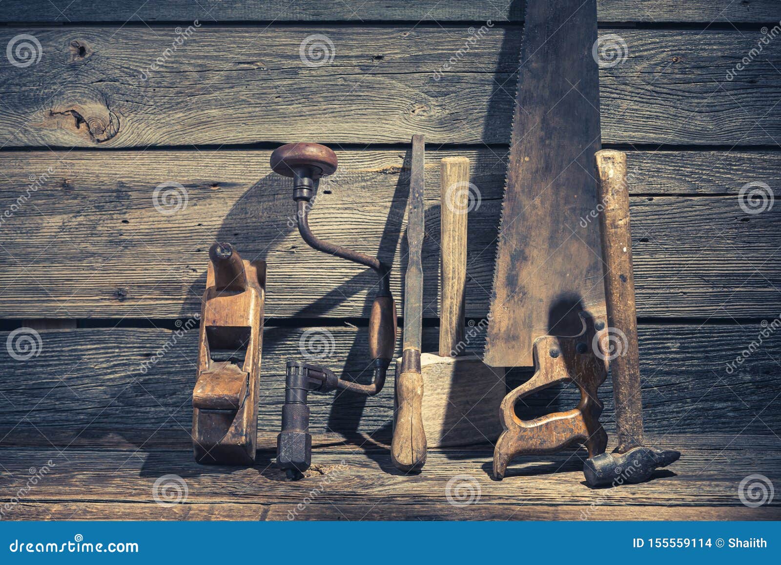 Hammer, Saw and Chisel in Rustic Workbench Stock Photo - Image of tools ...