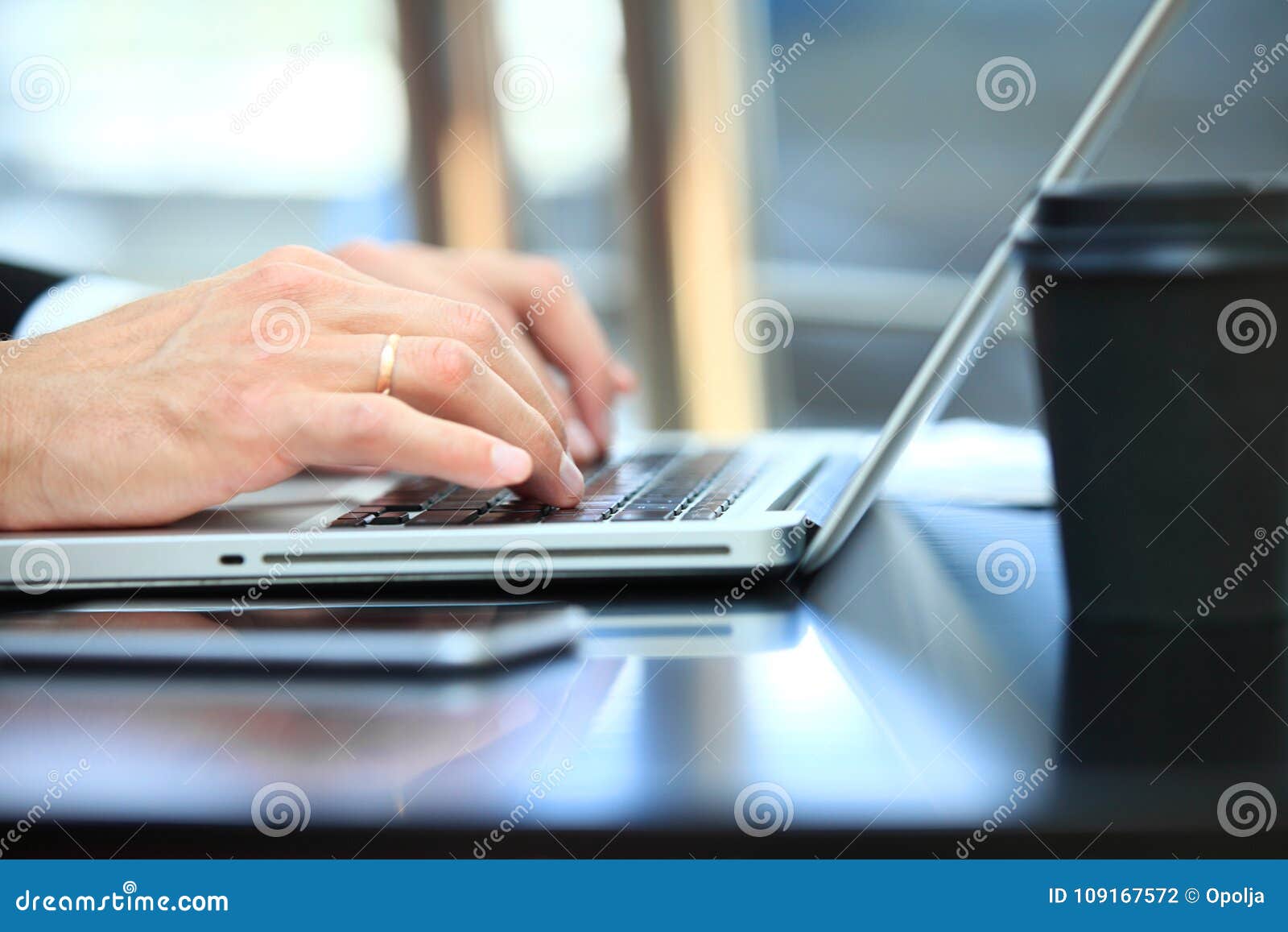 Closeup of Hand Business Man Using Laptop for Work at Office Stock ...