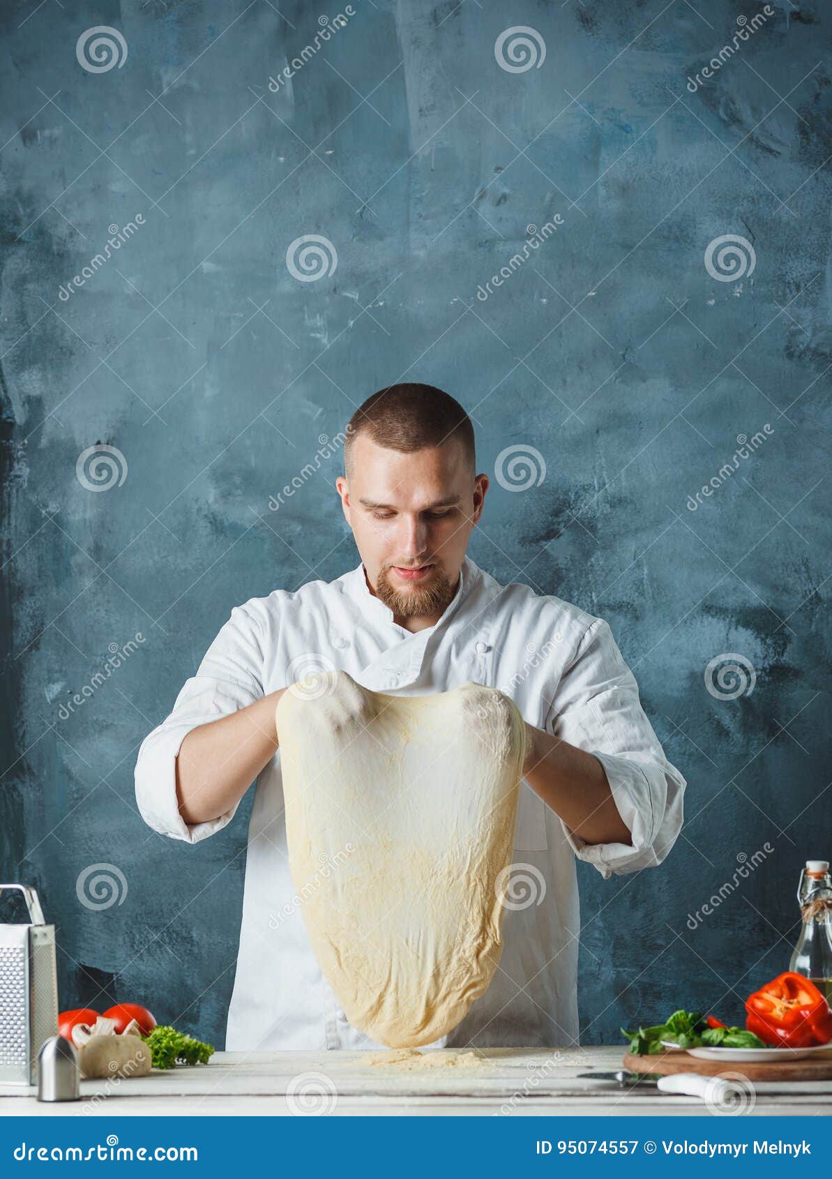 Closeup Hand of Chef Baker in White Uniform Making Pizza at Kitchen ...