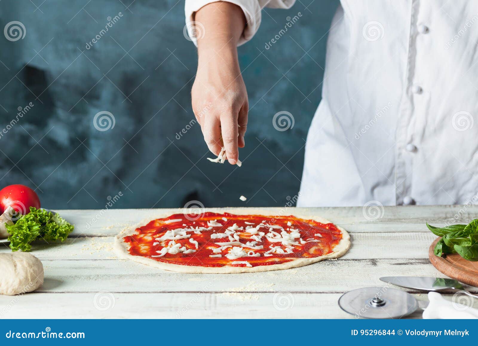 Closeup Hand of Chef Baker in White Uniform Making Pizza at Kitchen ...
