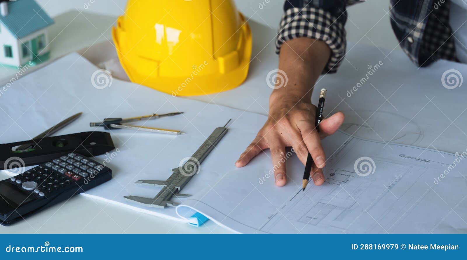 Closeup Hand of Engineer with Construction Work Plan Discussion ...