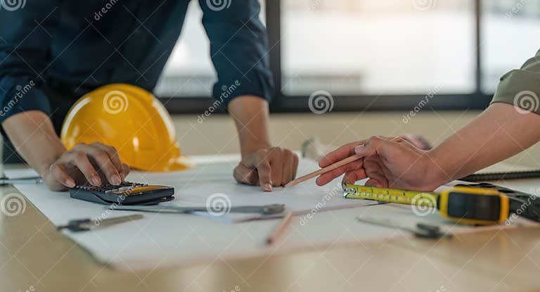 Closeup Hand of Engineer Team with Construction Work Plan Discussion ...