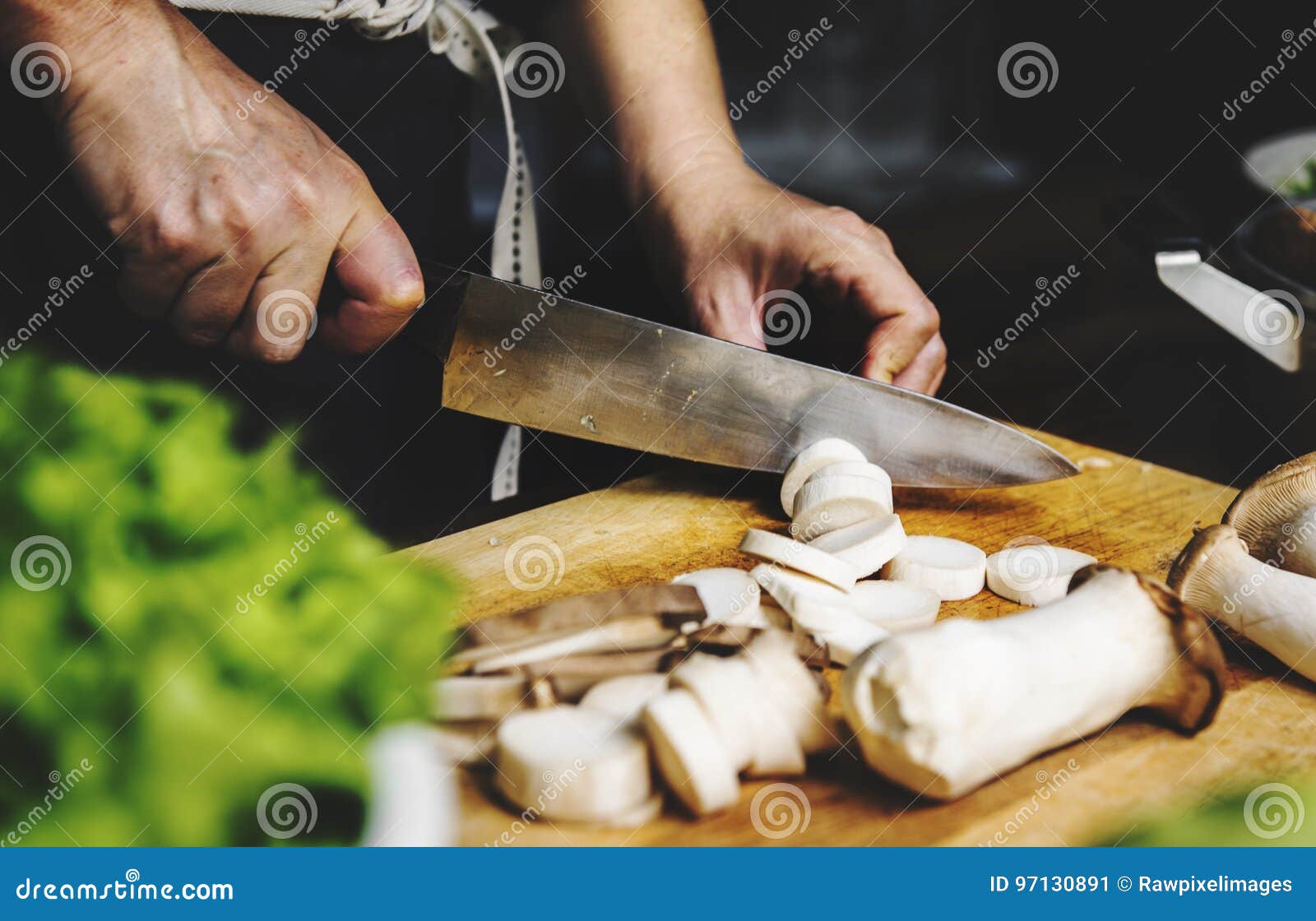 Closeup of Hand with Knife Cutting Mushroom Stock Image - Image of ...