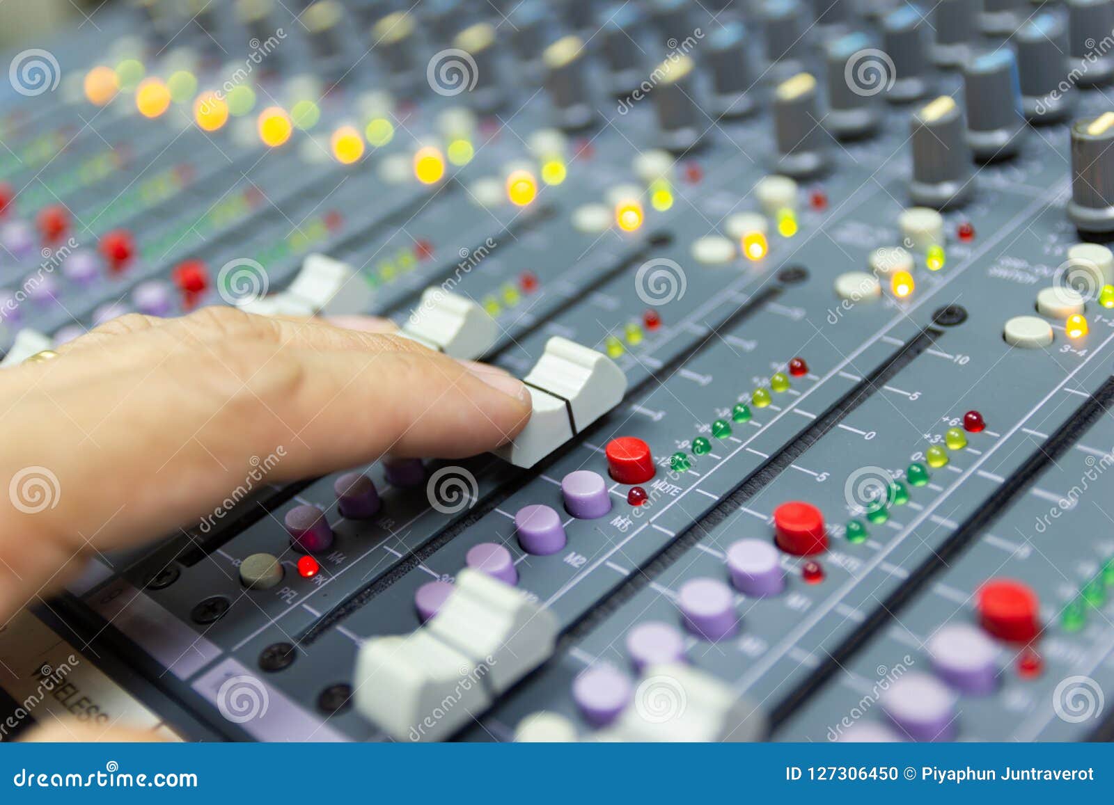 Hand of Man Control Mixing Console of a Big HiFi System the Audio ...