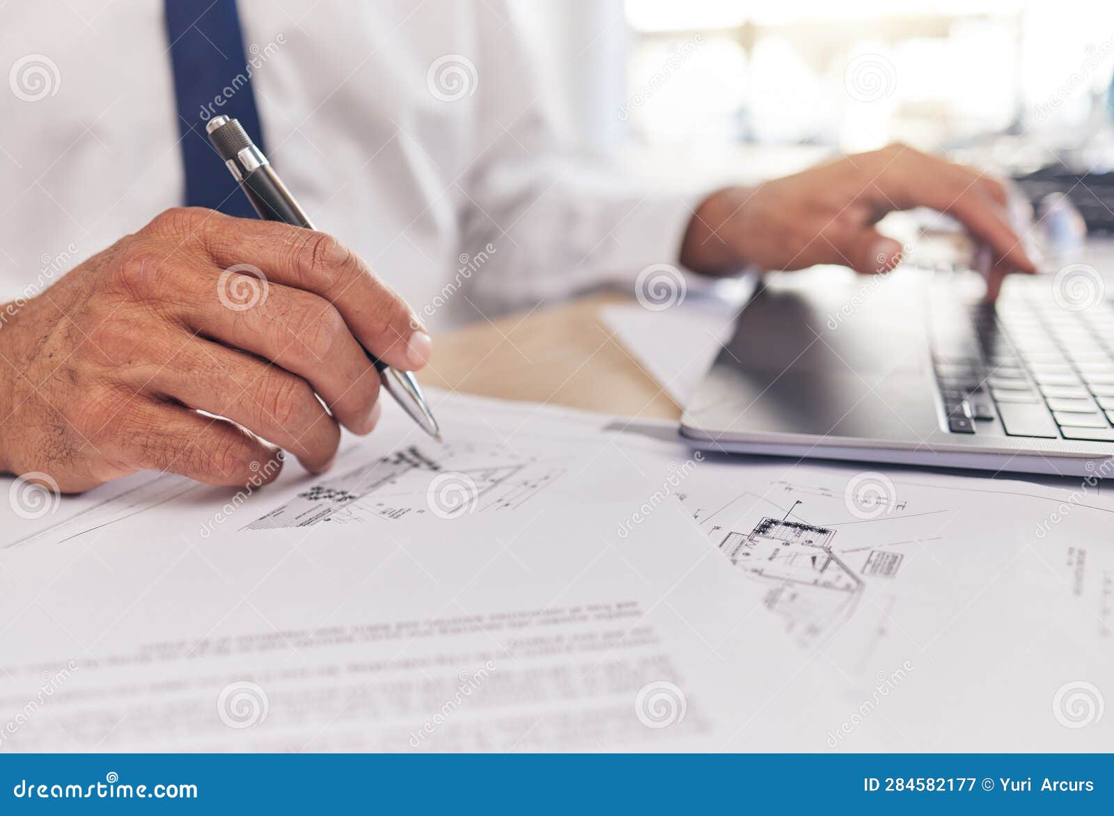 Closeup of Hand, Paperwork and Architect, Blueprint and Laptop with ...