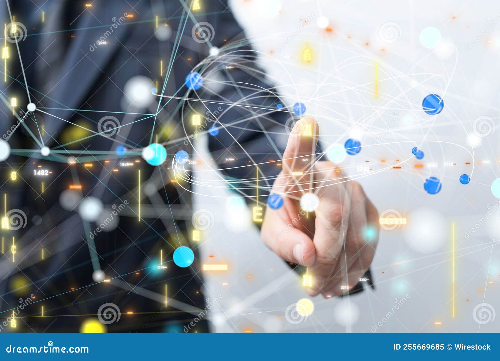 Closeup of the Hand Pointing at Floating Linked Dots. Concept of ...