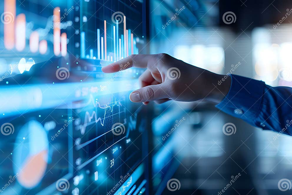 Closeup Hand Pointing at Interactive Data Dashboard with Graphs and ...
