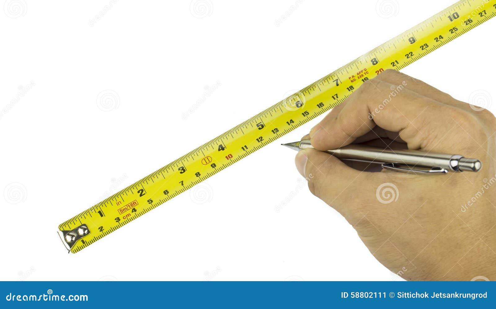 Closeup of Hand Pointing at a Measuring Tape on White Background Stock ...