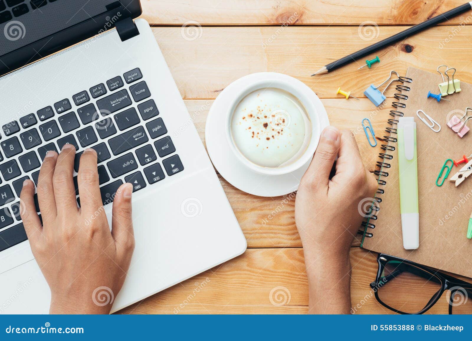 Closeup Hand Using Computer and Holding Coffee Stock Photo - Image of ...