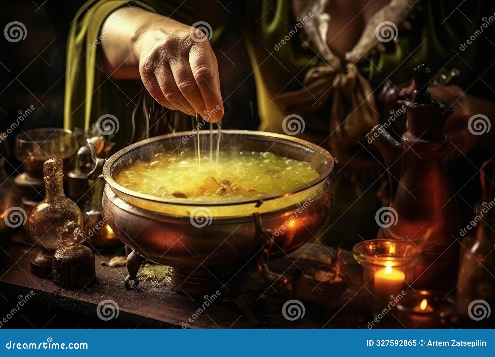 Closeup on Hands of Old Woman Evil Witch Adding Ingridients into Potion ...