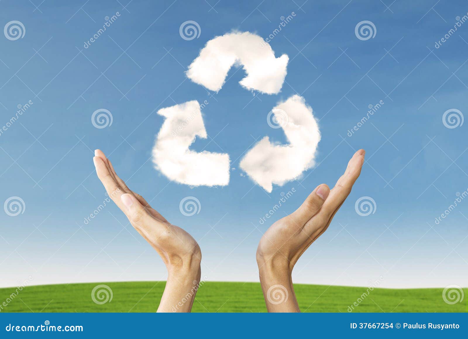 Closeup of Hands with Recycle Sign Stock Photo - Image of field, blue ...