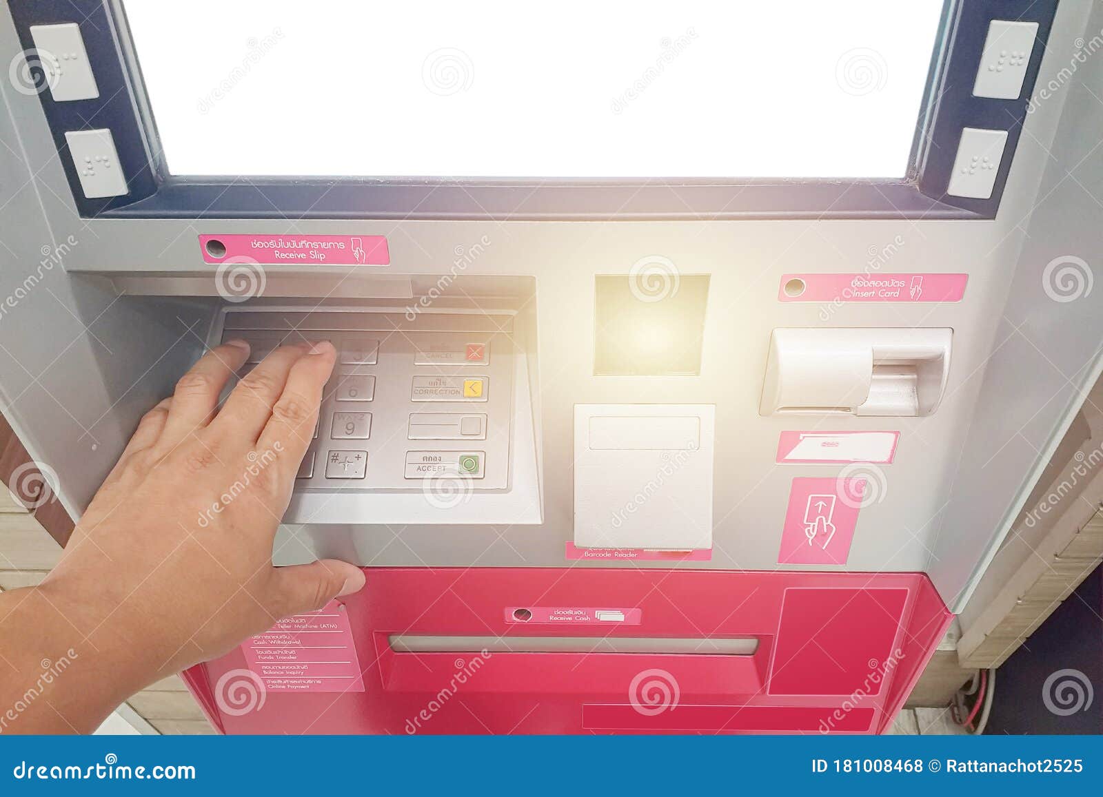 Closeup Hands To Press the ATM Key in the Red Cabinet. Finger Pressing ...