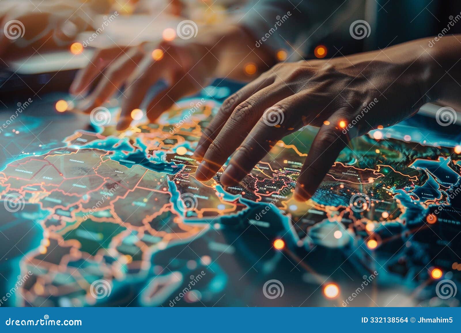 Closeup of Hands Tracking Global Shipping Routes on a Digital World Map ...