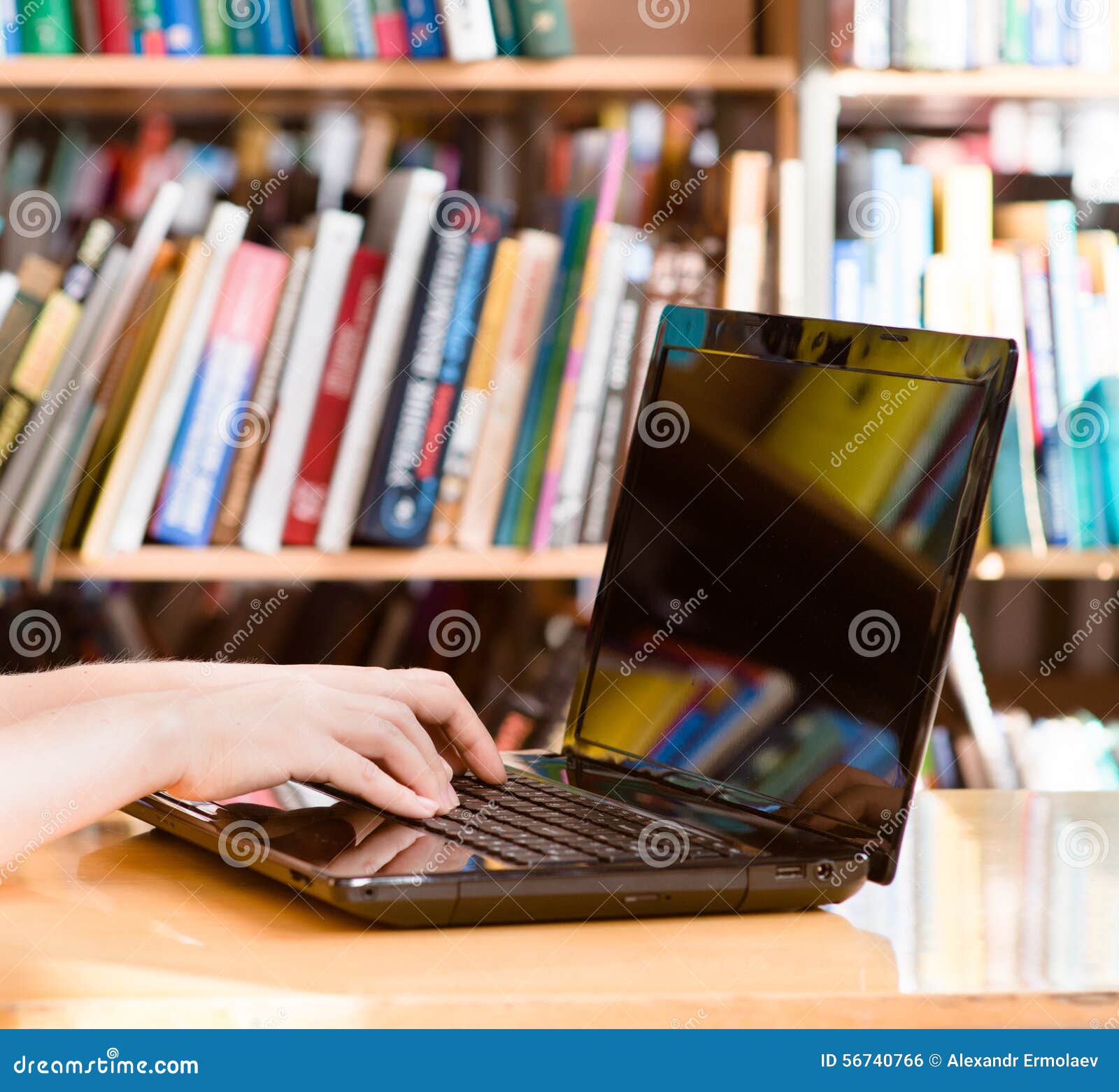 Closeup Hands Typing on Notebook in Library Stock Photo - Image of ...