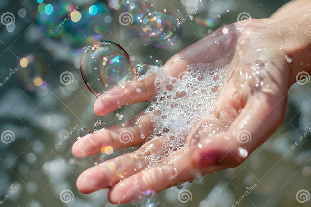 Closeup of Hands with Water Droplets and Soap Bubbles Stock ...