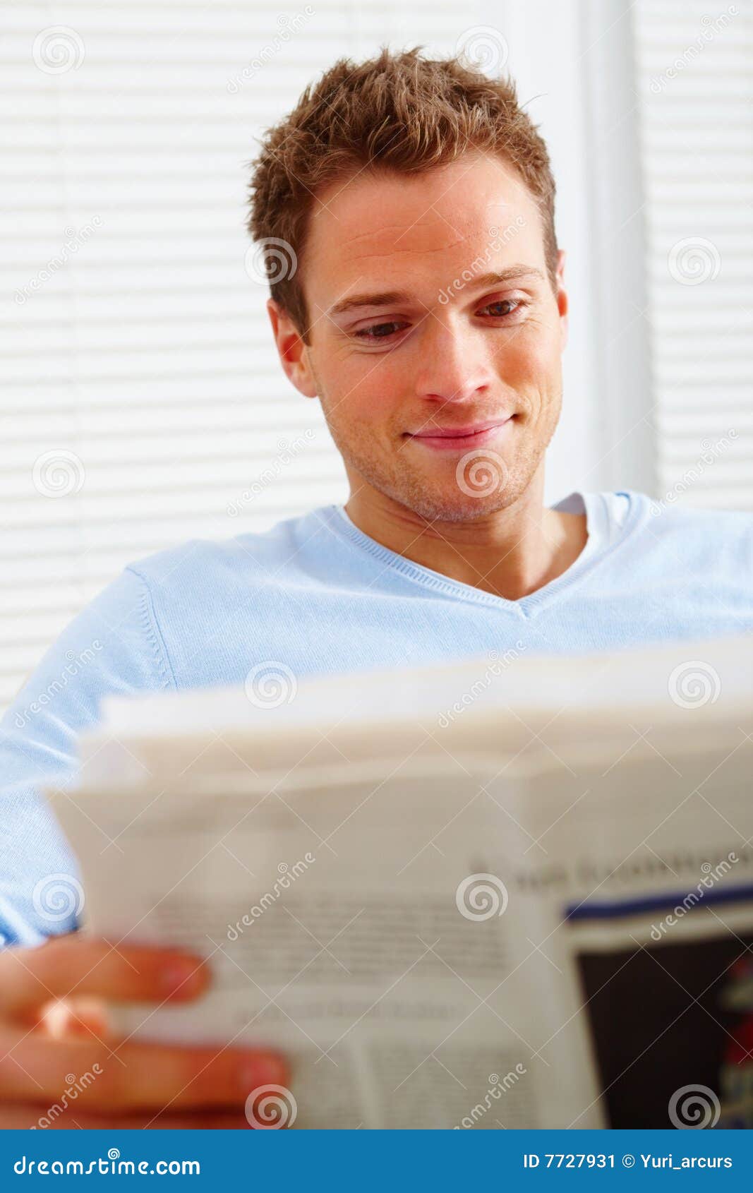 Closeup of a Happy Man at Home Reading Newspaper Stock Image - Image of ...
