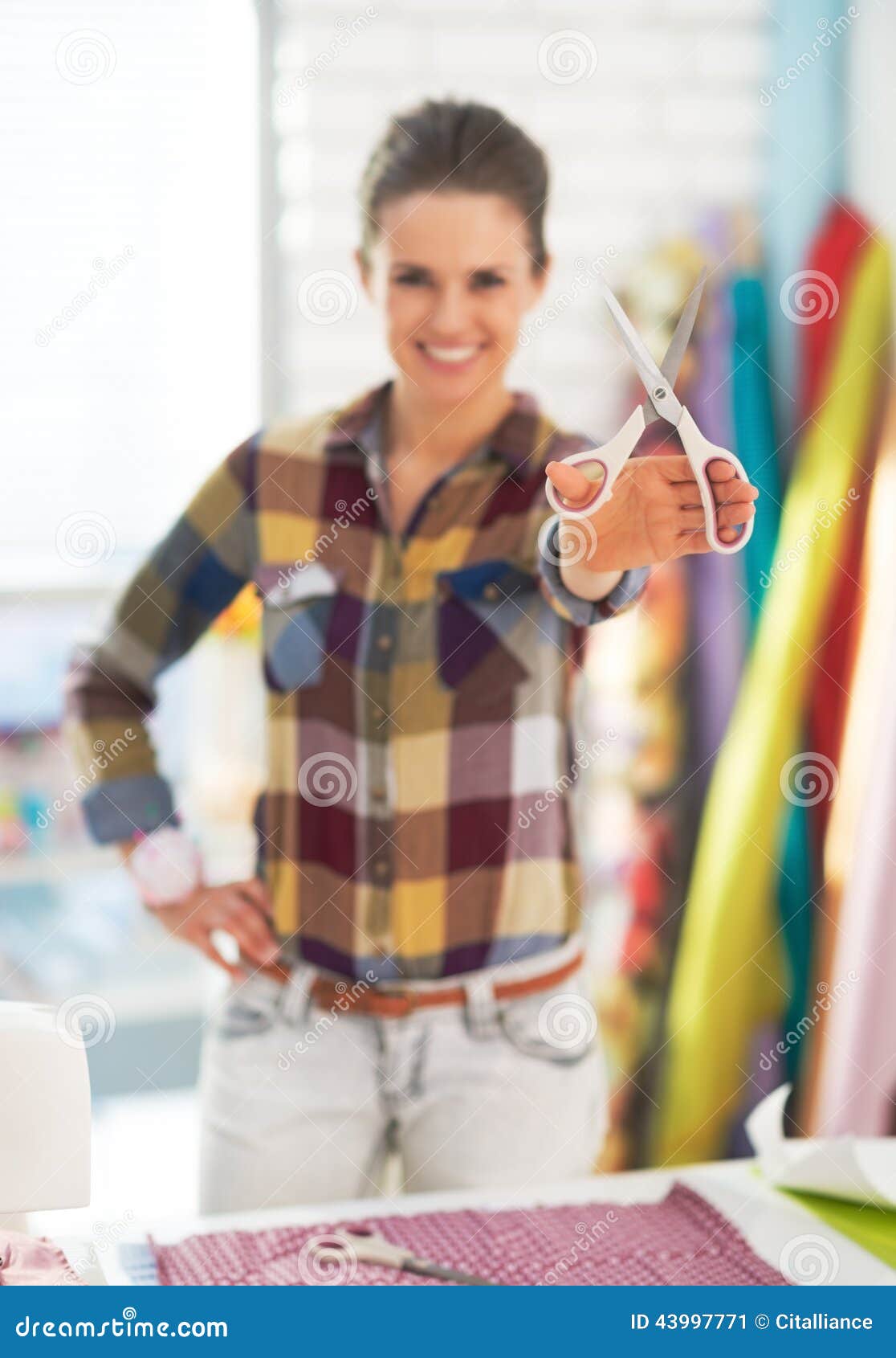 Closeup on Happy Tailor Woman Showing Scissors Stock Image - Image of ...