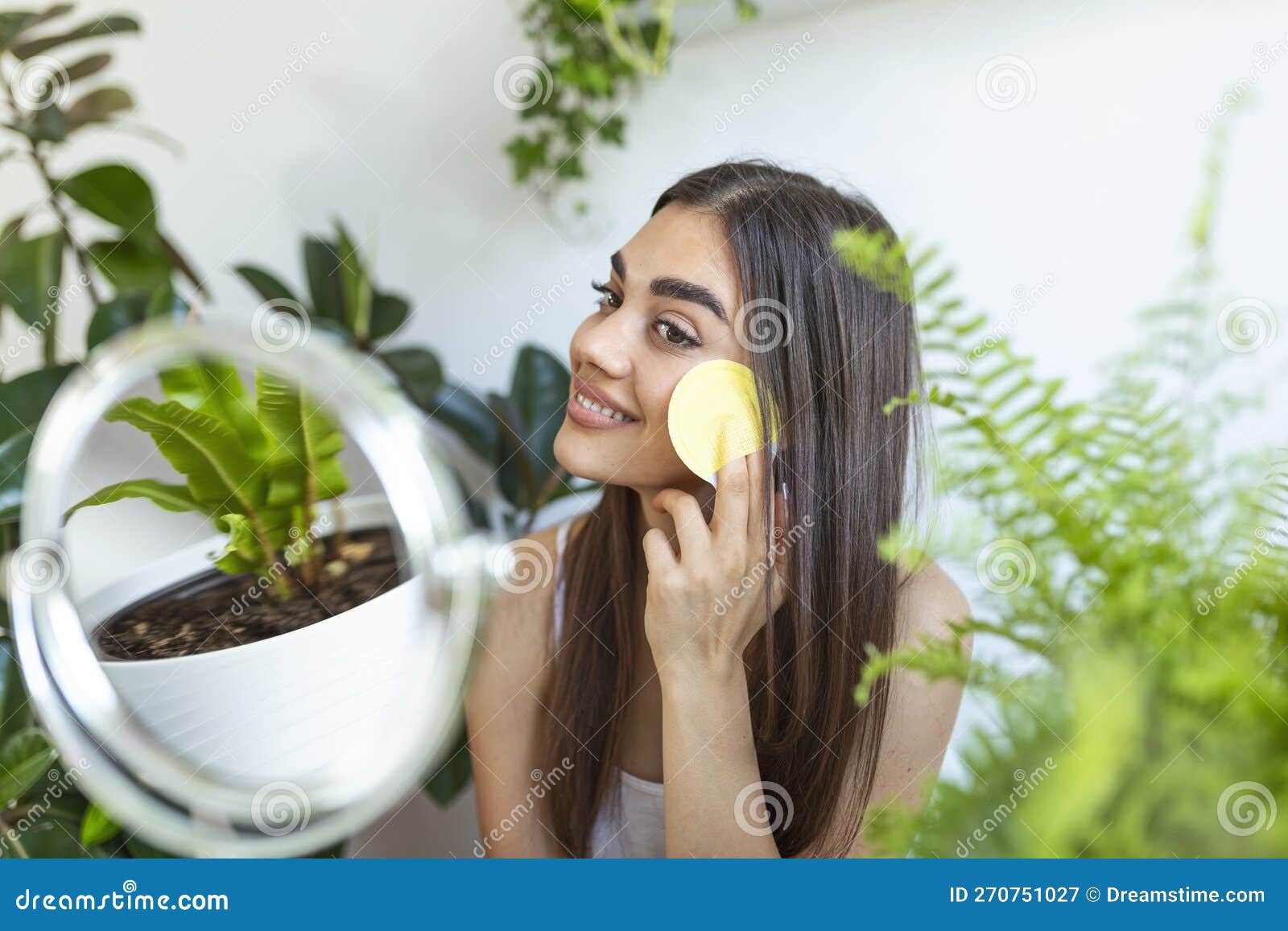 Closeup Head Shot Pleasant Beautiful Woman Applying Face Massage After