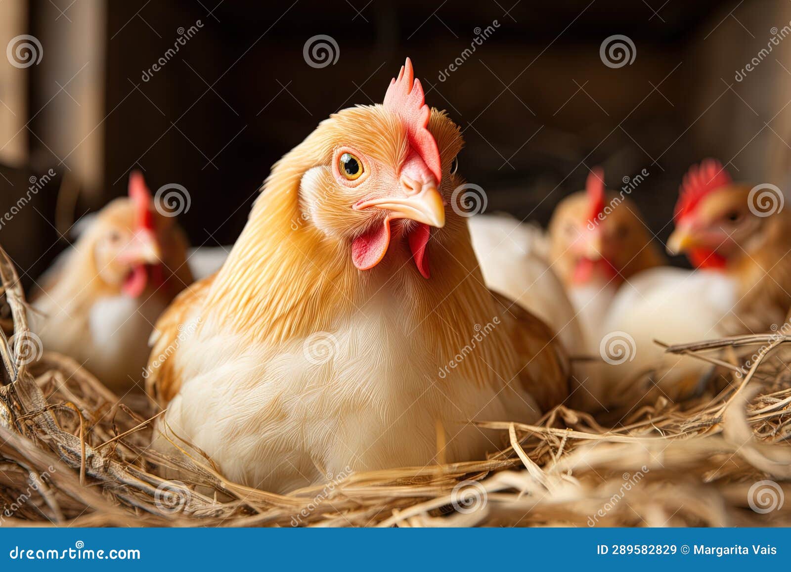Closeup of a Hen in a Chicken Coop Hatching Eggs on Straw Stock ...