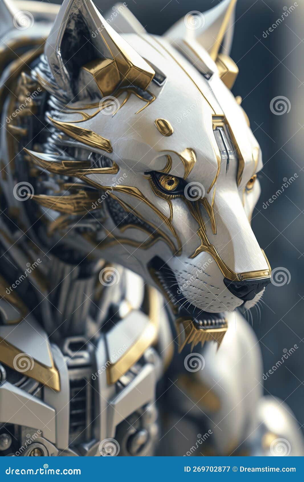 Closeup of a High-tech Wolf Robot in White and Gold Stock Illustration ...