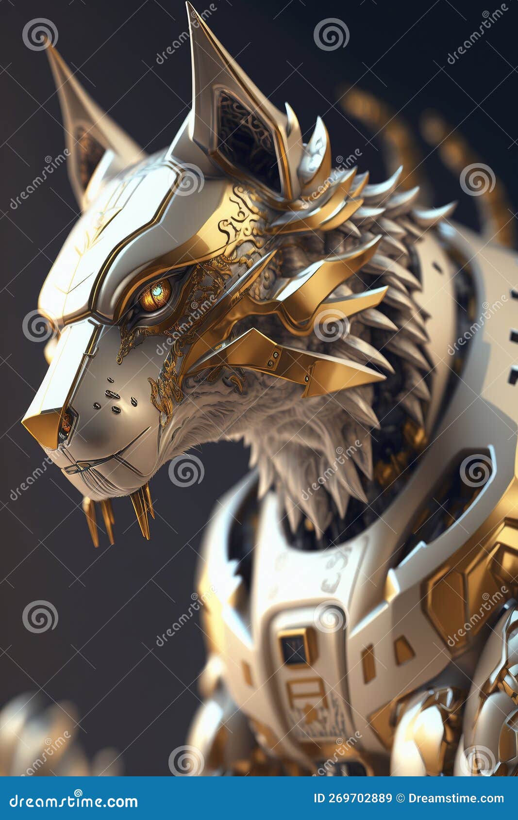 Closeup of a High-tech Wolf Robot in White and Gold Stock Illustration ...