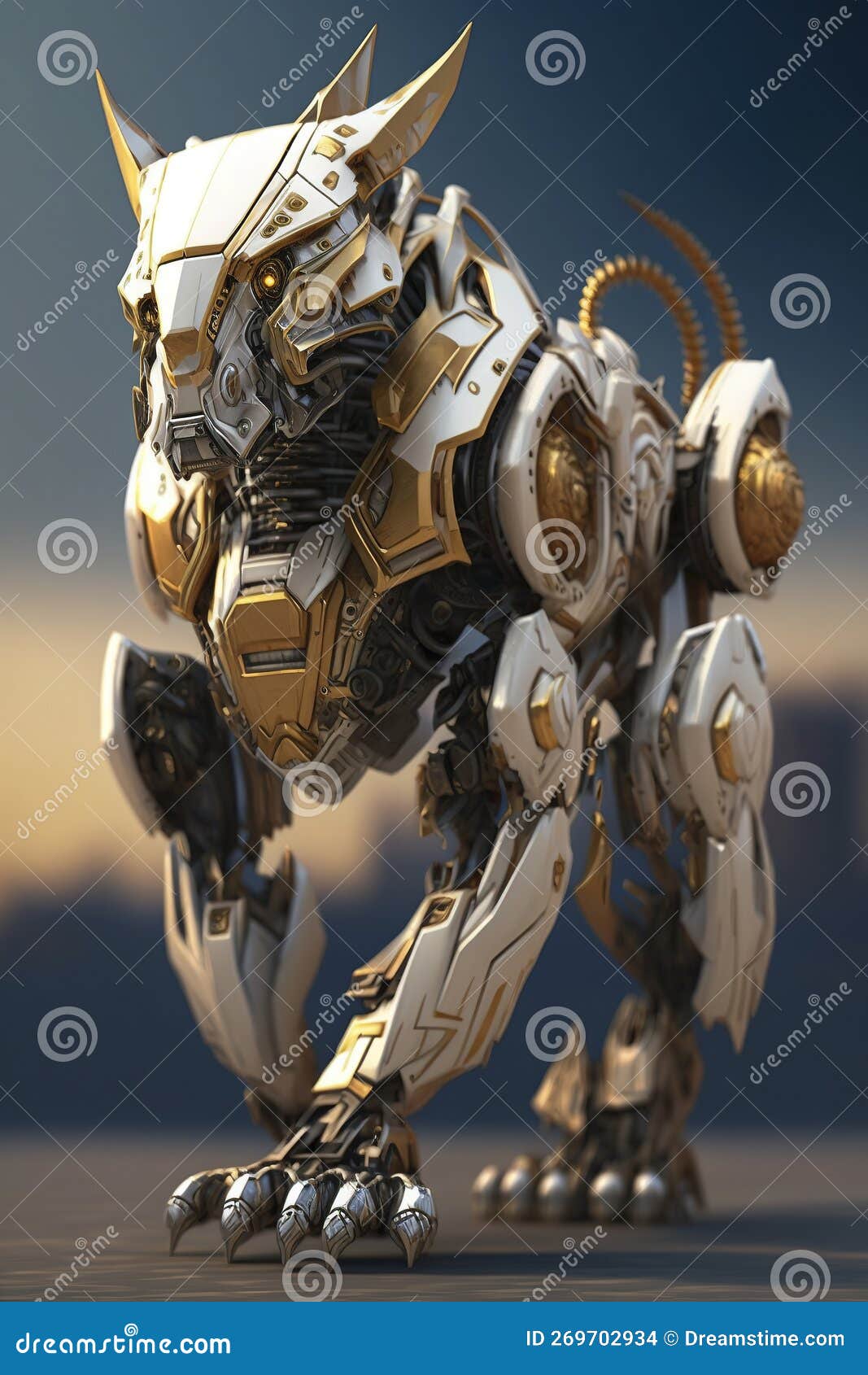 Closeup of a High-tech Wolf Robot in White and Gold Stock Illustration ...