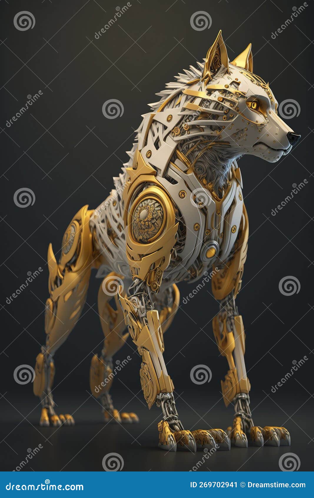 Closeup of a High-tech Wolf Robot in White and Gold Stock Illustration ...