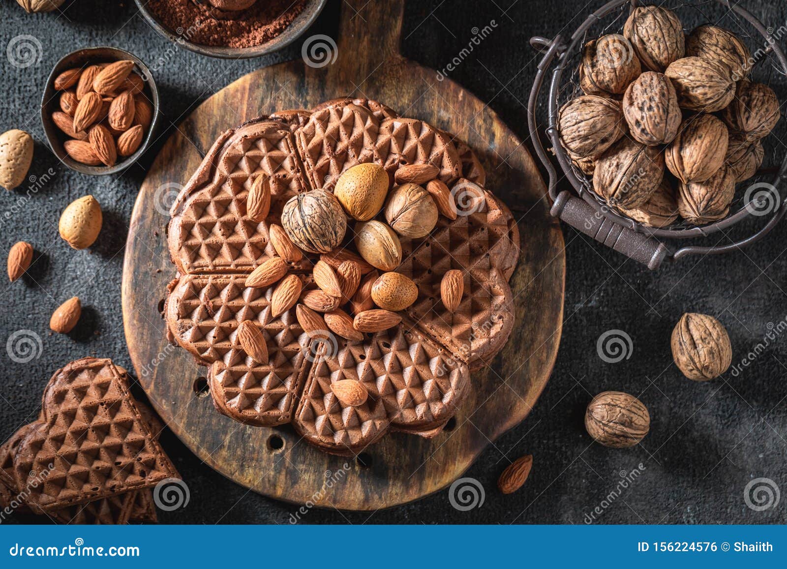 Closeup of Homemade Waffles Made of Cocoa with Nuts Stock Photo - Image ...