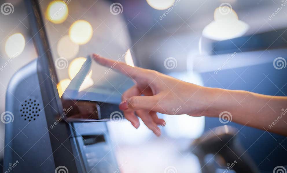 Closeup of Human Finger Pointing on the Glowing Computer Screen with ...