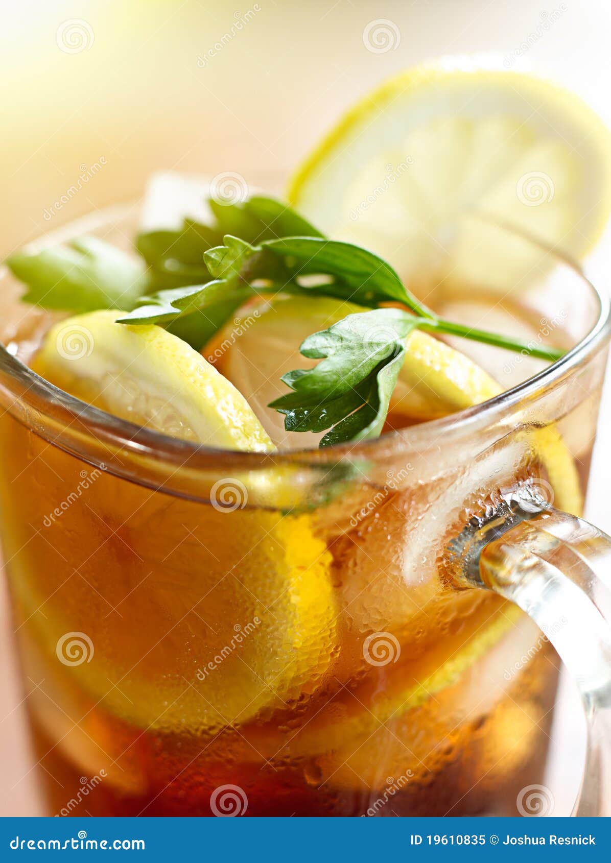 Closeup Iced Tea with Lemon Slice and Leaf Garnish Stock Image - Image ...