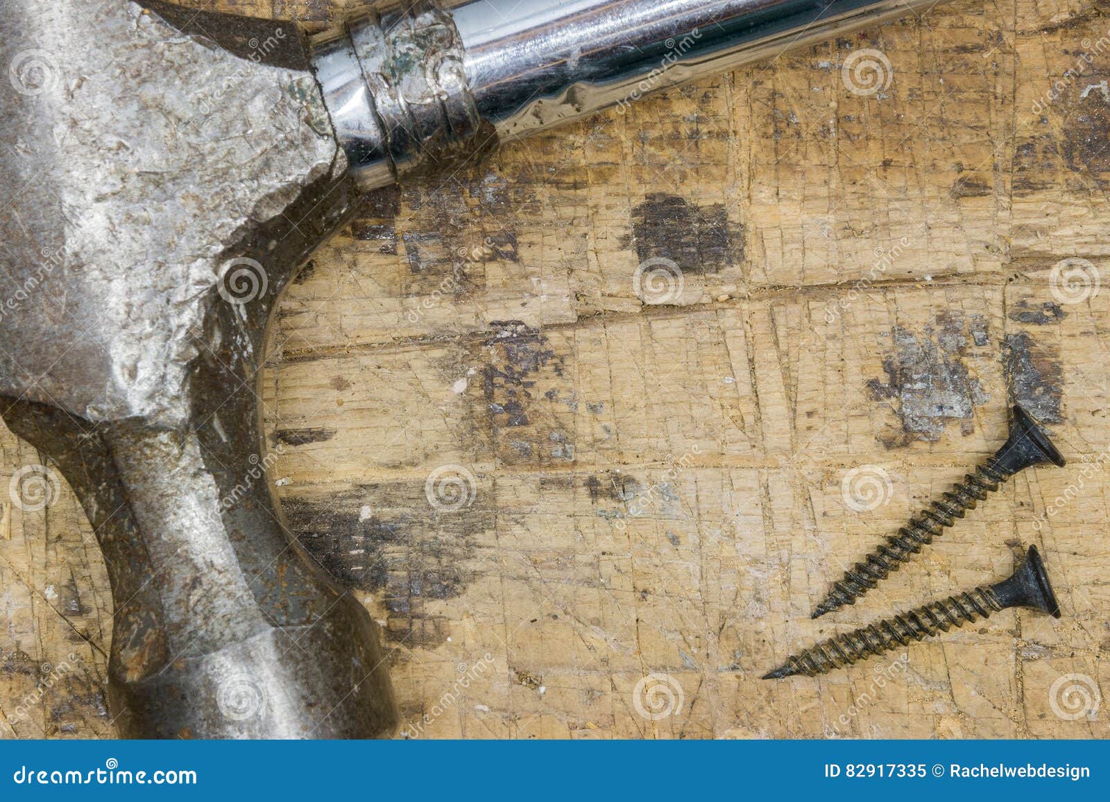 Closeup If Hammer Head and Rusty Screws on Worn Workbench Stock Image ...