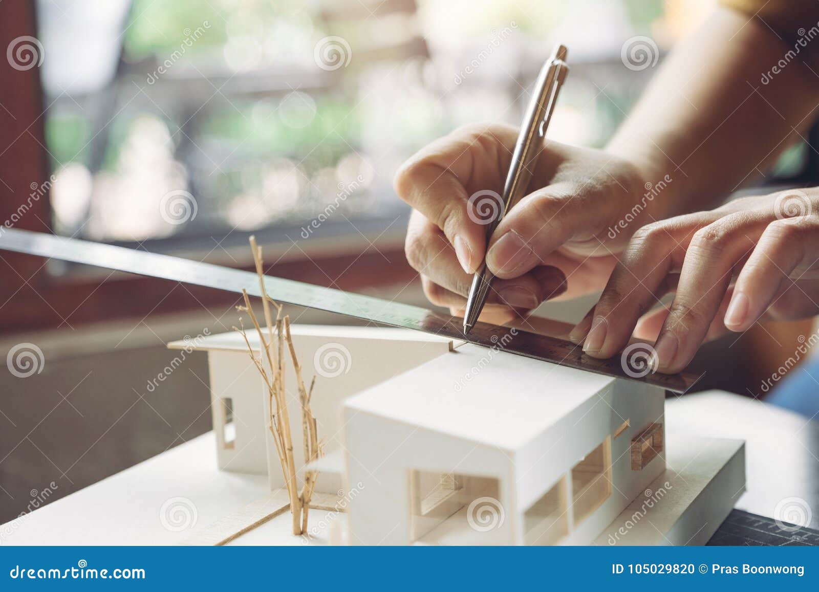 Closeup Image of an Architect Measure Scale of a Mass Model on Table ...