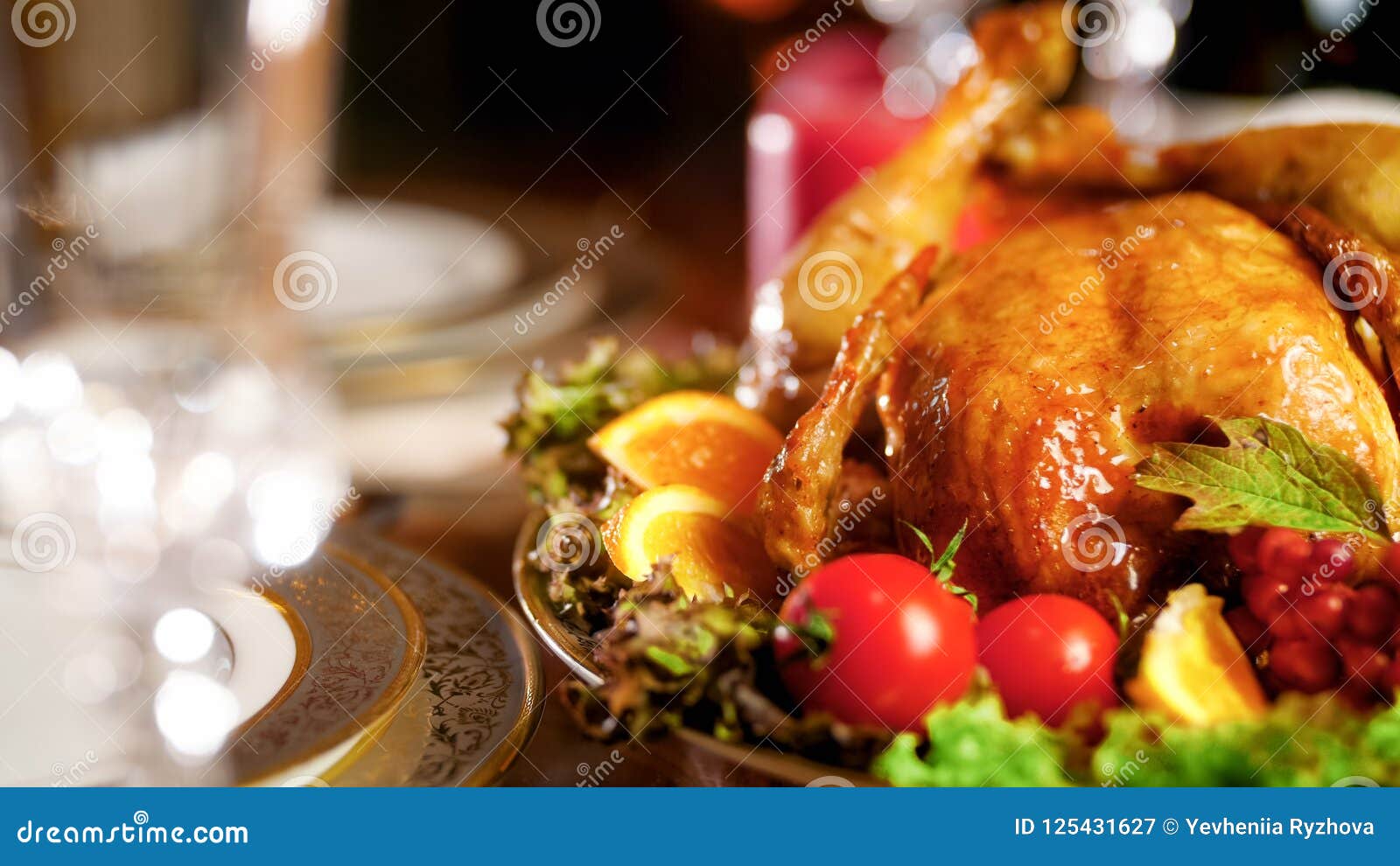 Closeup Image of Baked Chicken with Vegetables on Served Dinner Table ...