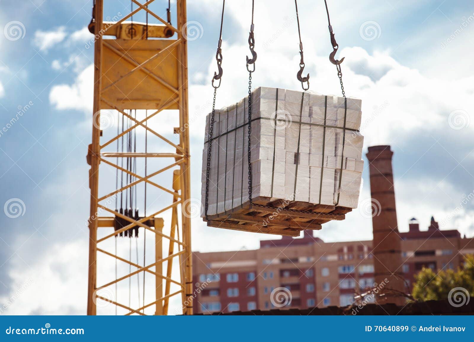 Closeup Image Crane Lifting Heap Bricks Blue Sky Stock Photos - Free ...