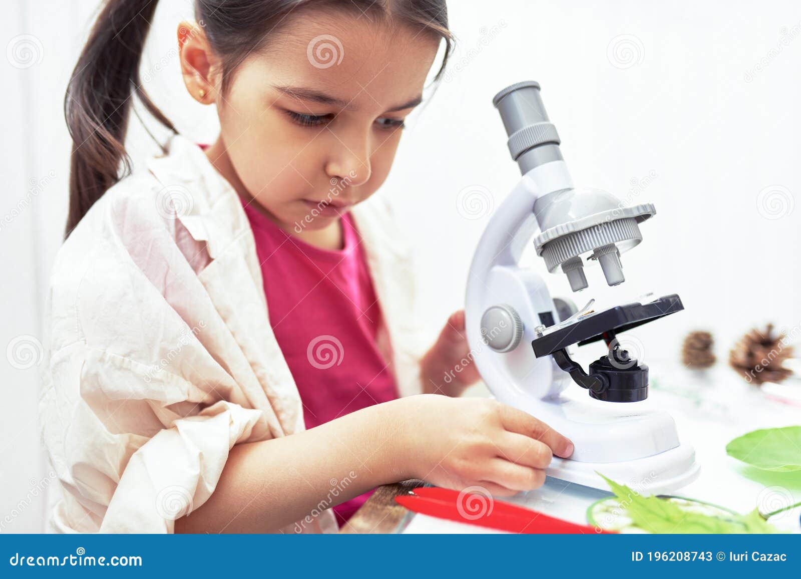 Closeup Image of Cute Little Girl Working and Exploring with Microscope ...