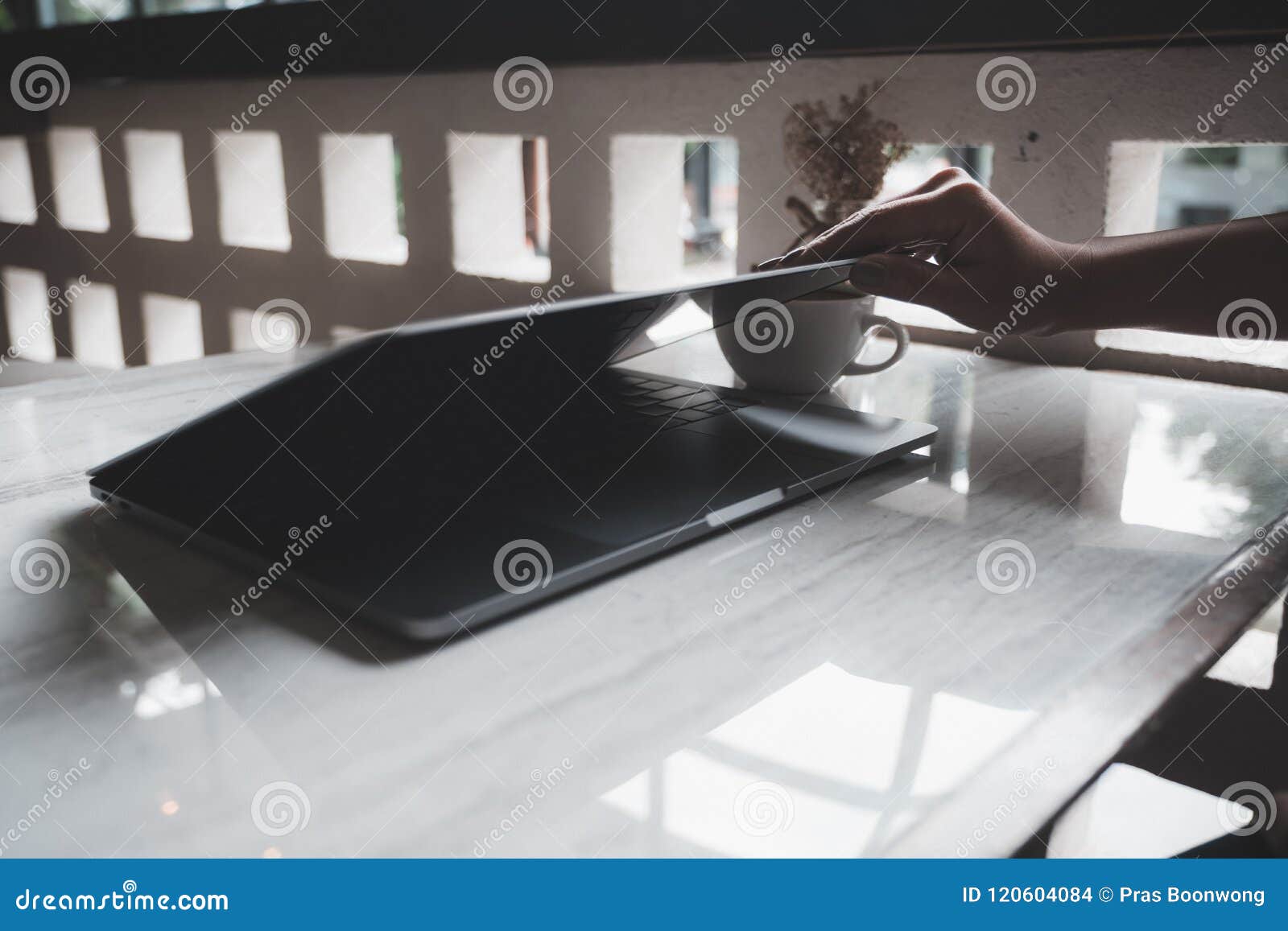 Hands Close and Open a Laptop Computer on Table after Finished Using it ...