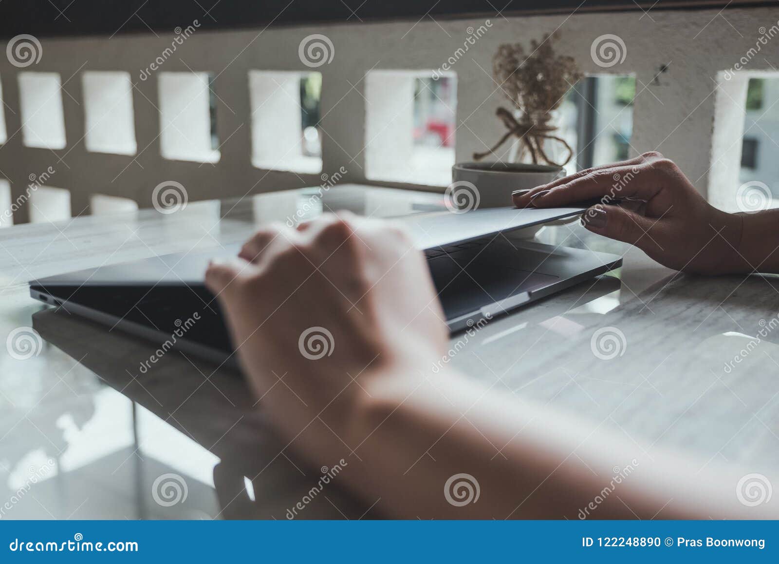 Hands Close and Open a Laptop Computer on Table after Finished Using it ...
