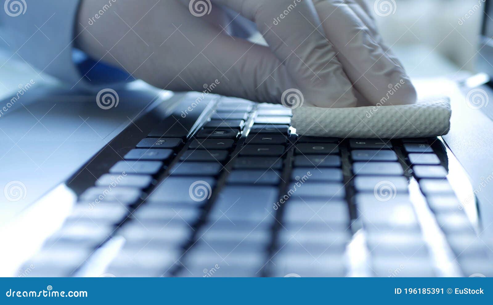 Closeup Image with Hands Wearing Protective Gloves Using the Laptop ...