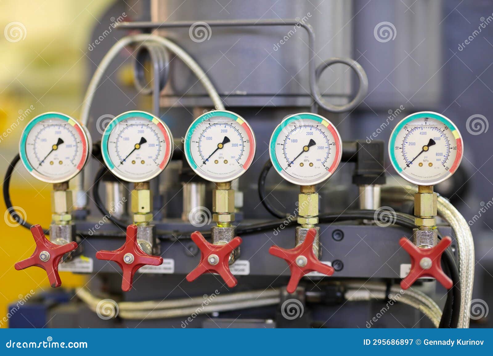 Closeup of Industrial Machine with Pressure Gauges Stock Image - Image ...